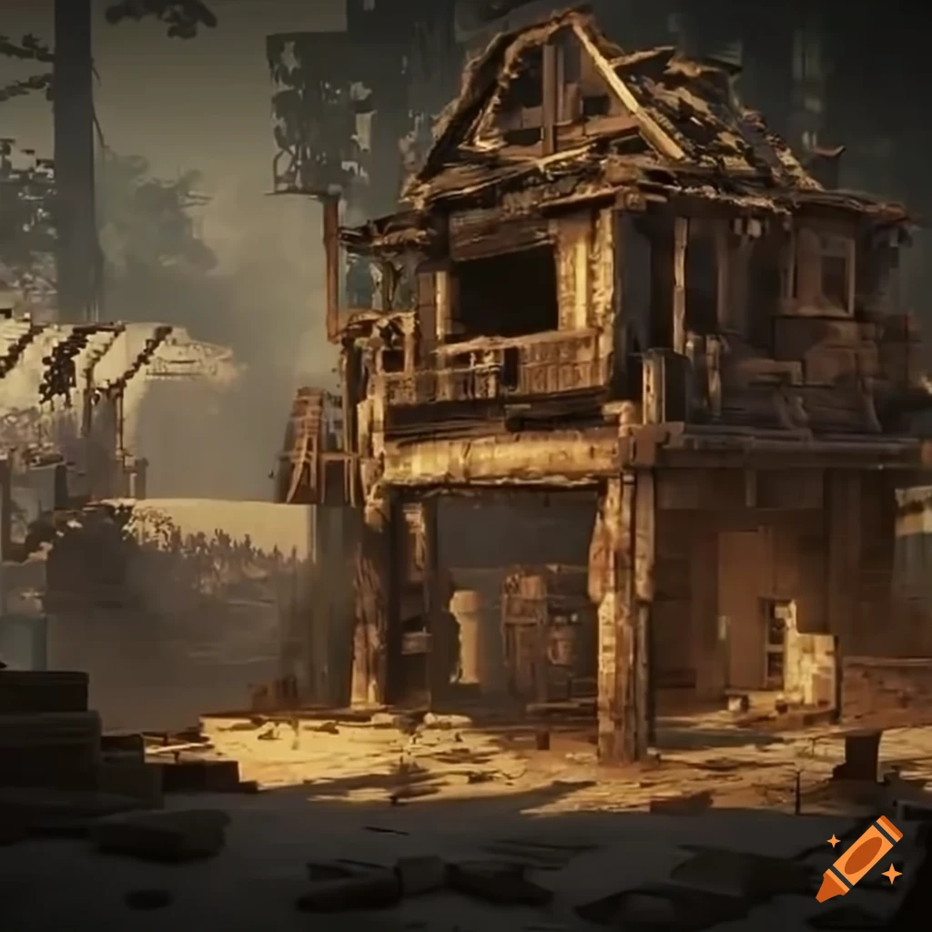 Hand-built base from scrap materials in an apocalyptic environment on ...