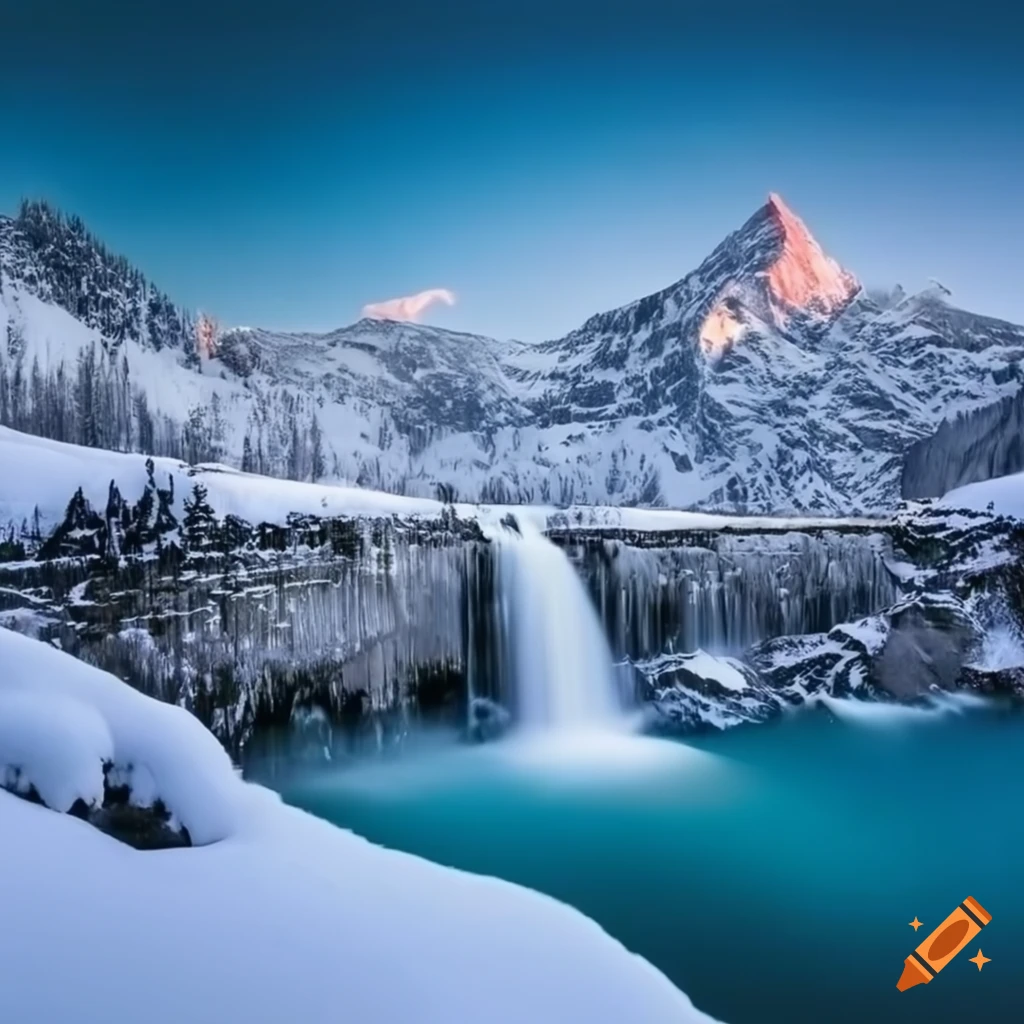 Snowy mountains and cascading waterfalls in a winter wonderland ...
