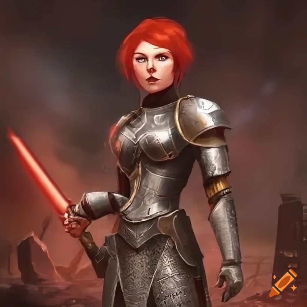 Space warriors advancing with a red short-hair female knight in the ...