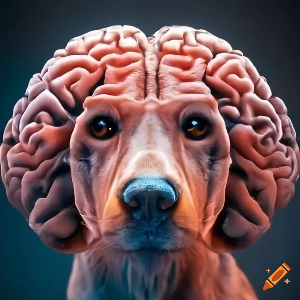 Smart dog with oversized transparent glowing brain on Craiyon