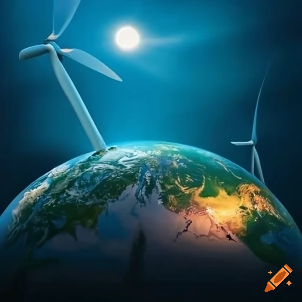 Illustration of earth powered by wind, solar, and hydropower on Craiyon