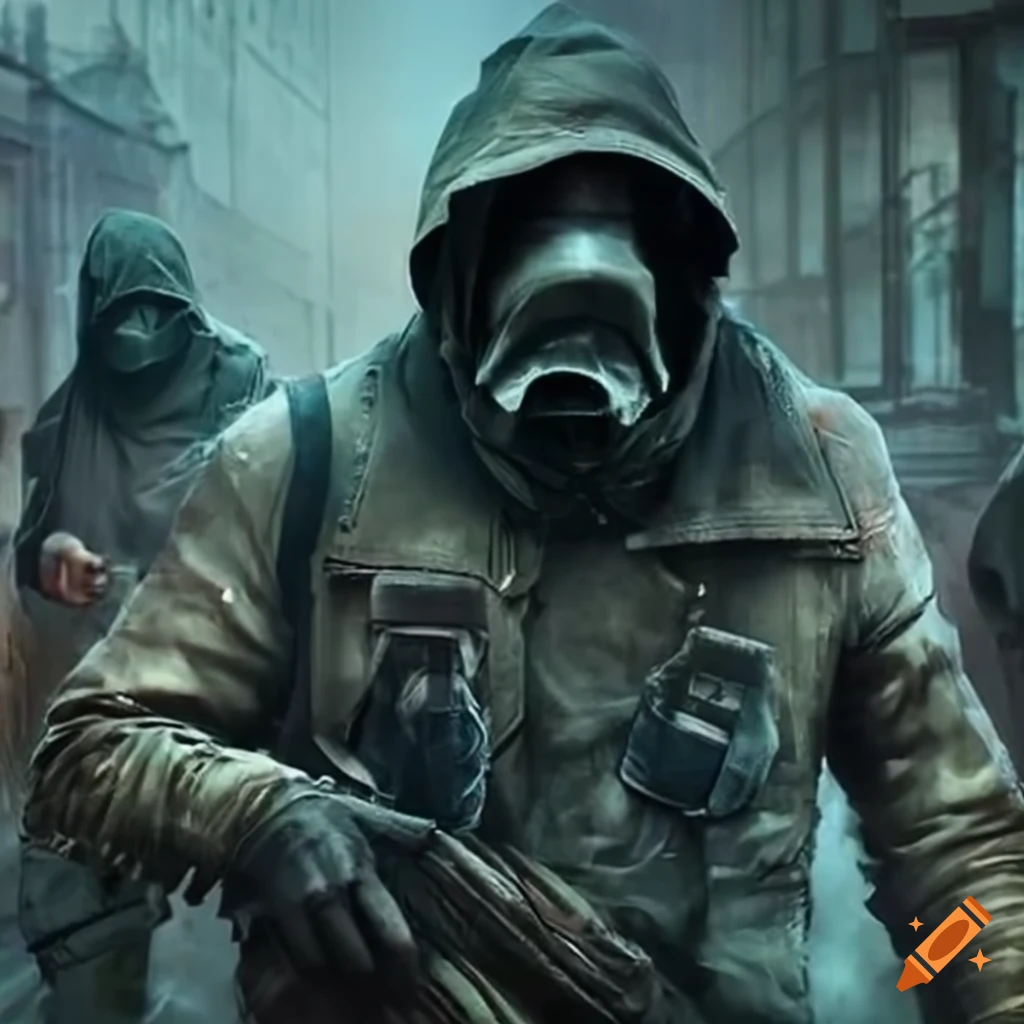 Apocalyptic scene with broken bridges, destroyed city, and hooded ...