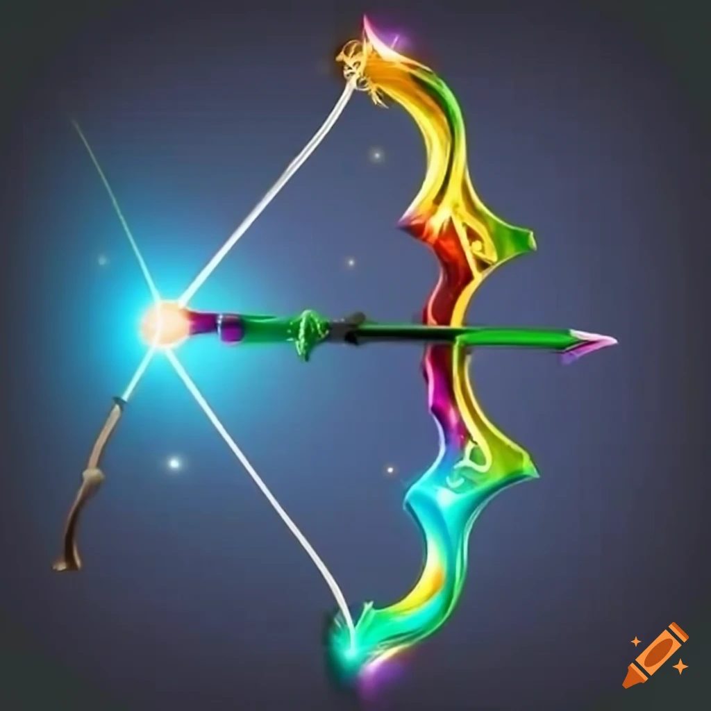 Magical bow and arrow with colorful motes of light on Craiyon