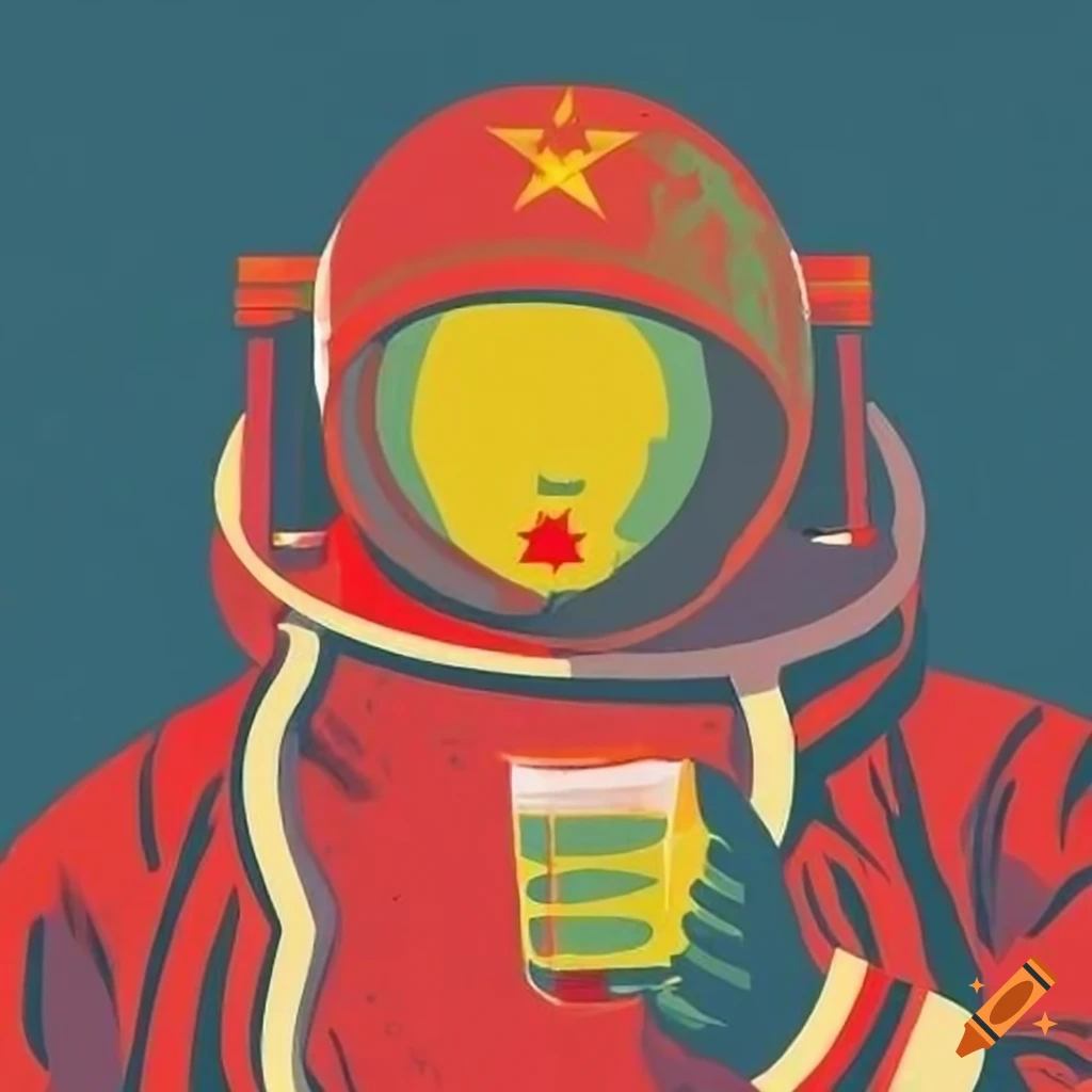 Man in retro spacesuit with a glass of whisky in soviet space age style ...