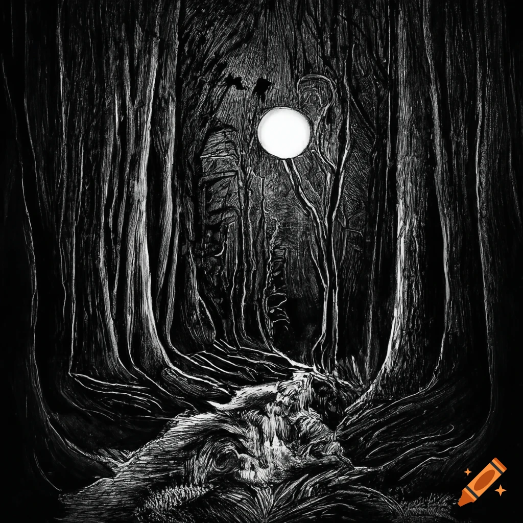 Dark and stormy night in a forest, black and white drawing on Craiyon