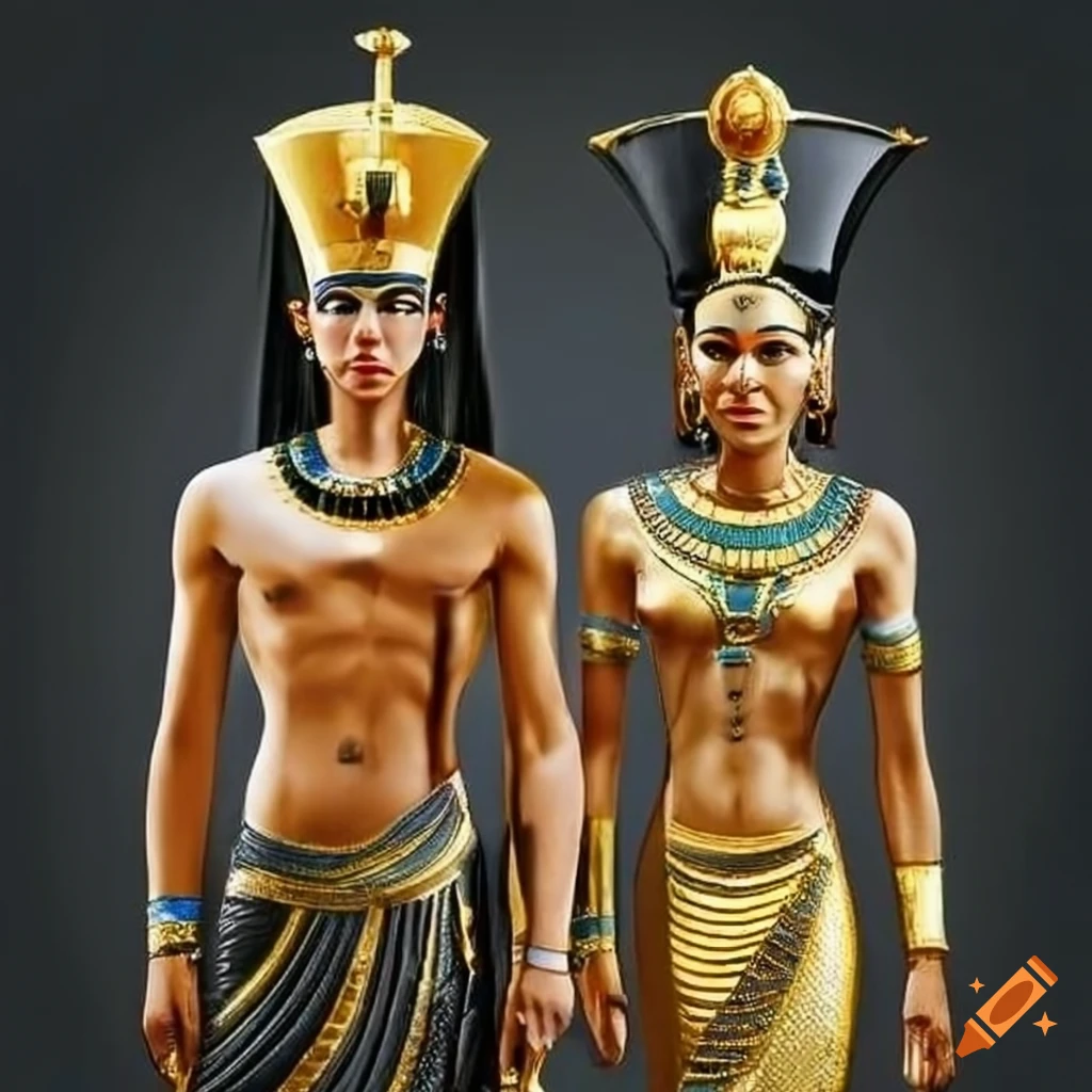 Pharaoh and Queen in elegant black and gold attire before a grand temple on Craiyon