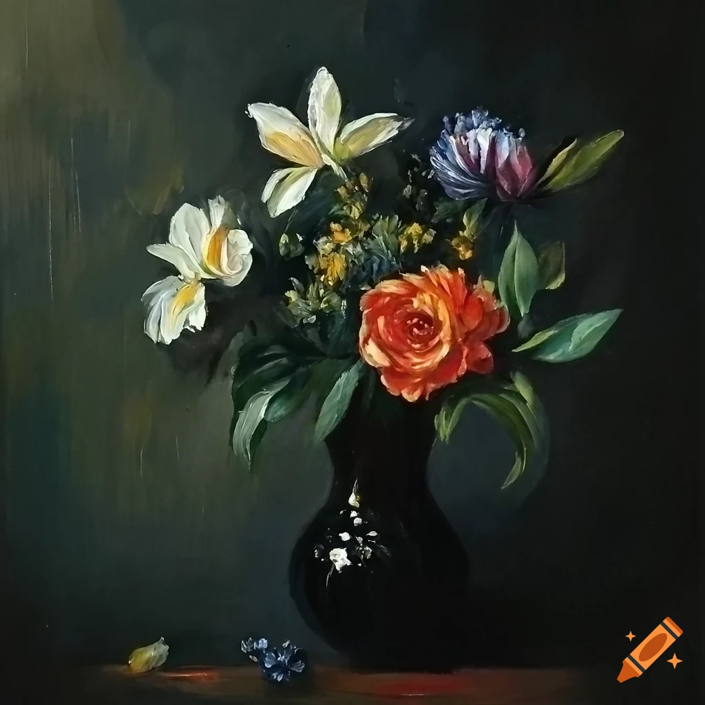 Floral still life in dark baroque style painting on Craiyon