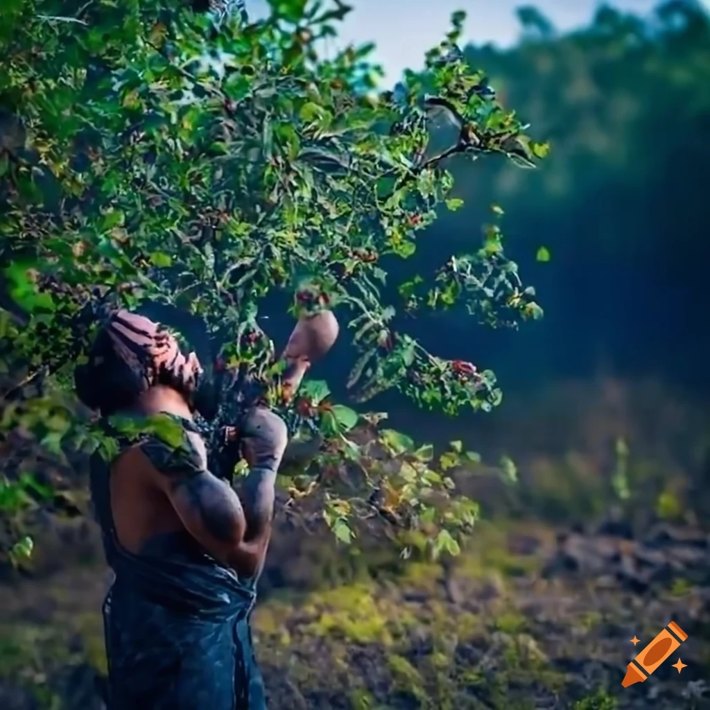 Caveman picking blackberries from a tree in tiger skin clothes on Craiyon
