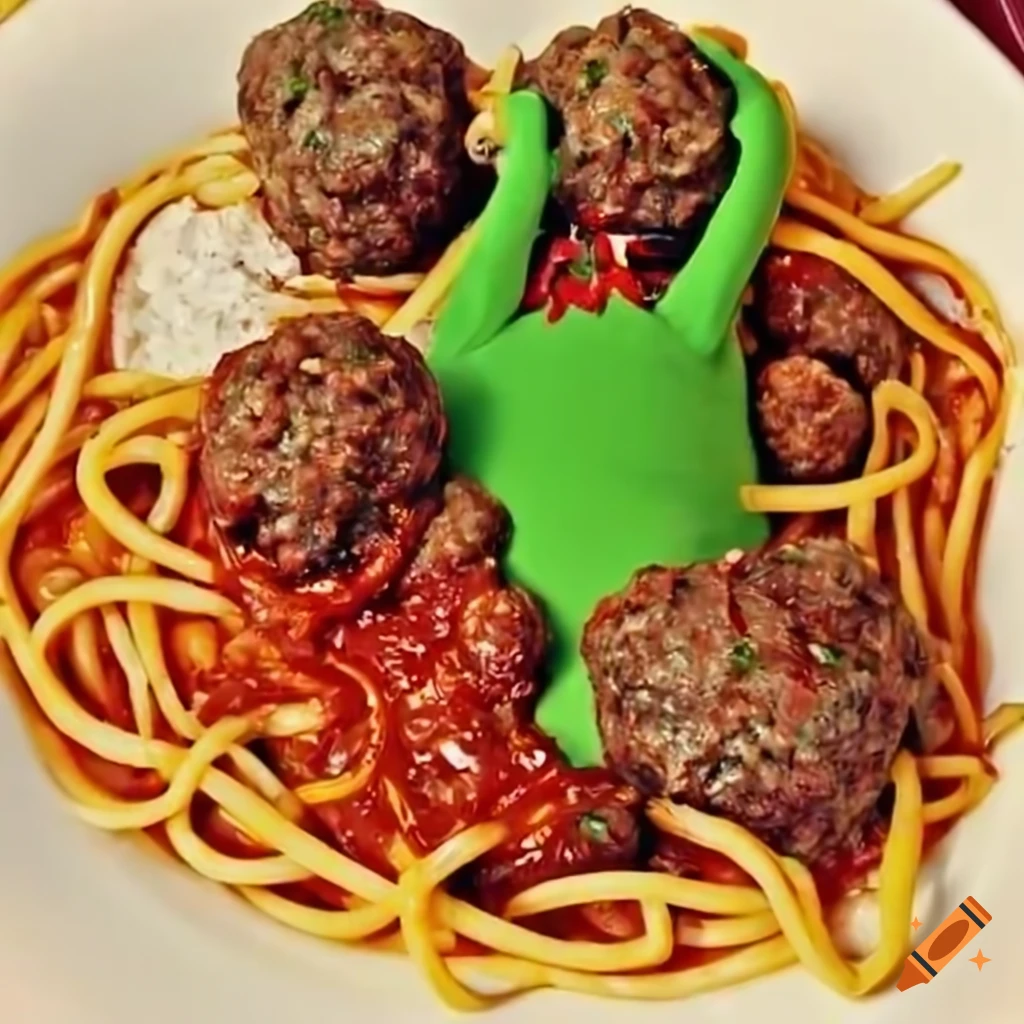 Kermit the frog enjoying spaghetti and meatballs on Craiyon