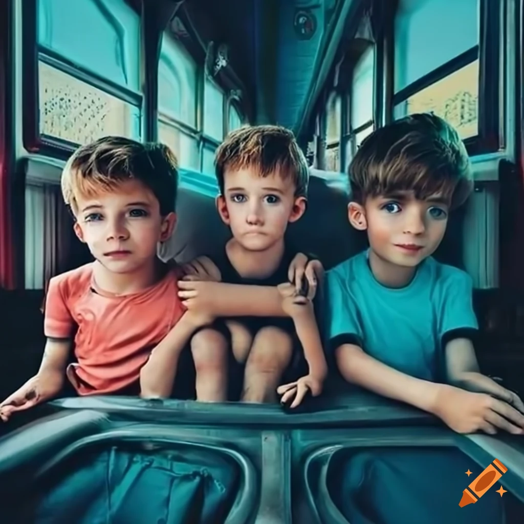 Three boys friends on a train adventure on Craiyon