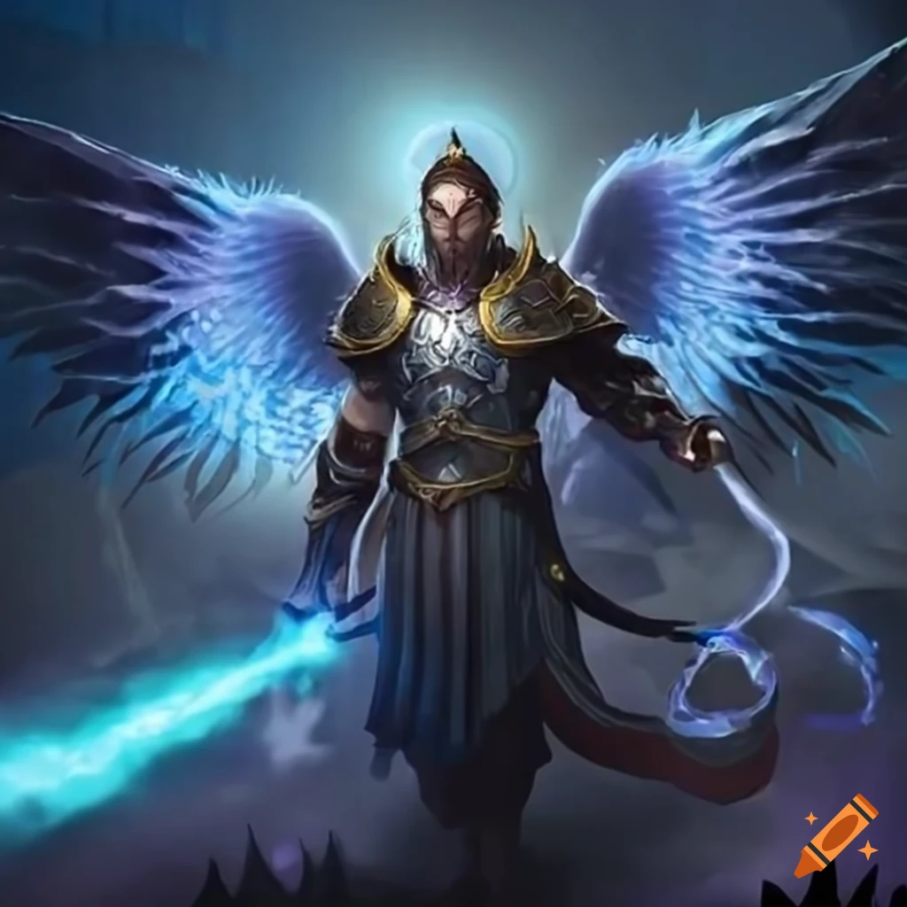 Angelic male warrior with celestial energy wielding a lance after a ...