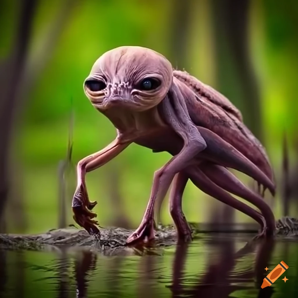 Large four-legged alien animal in a swamp on Craiyon