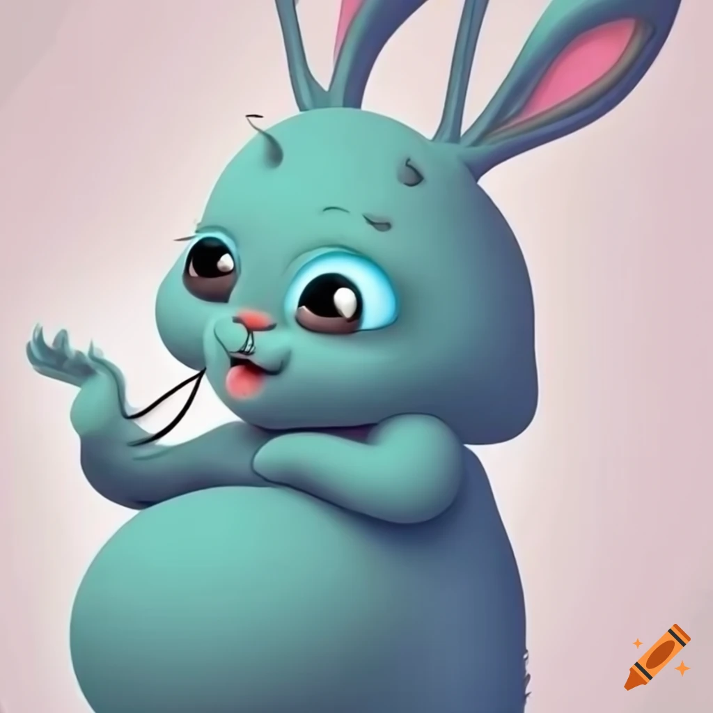Cute cartoon of a pregnant alien bunny with a happy expression on Craiyon