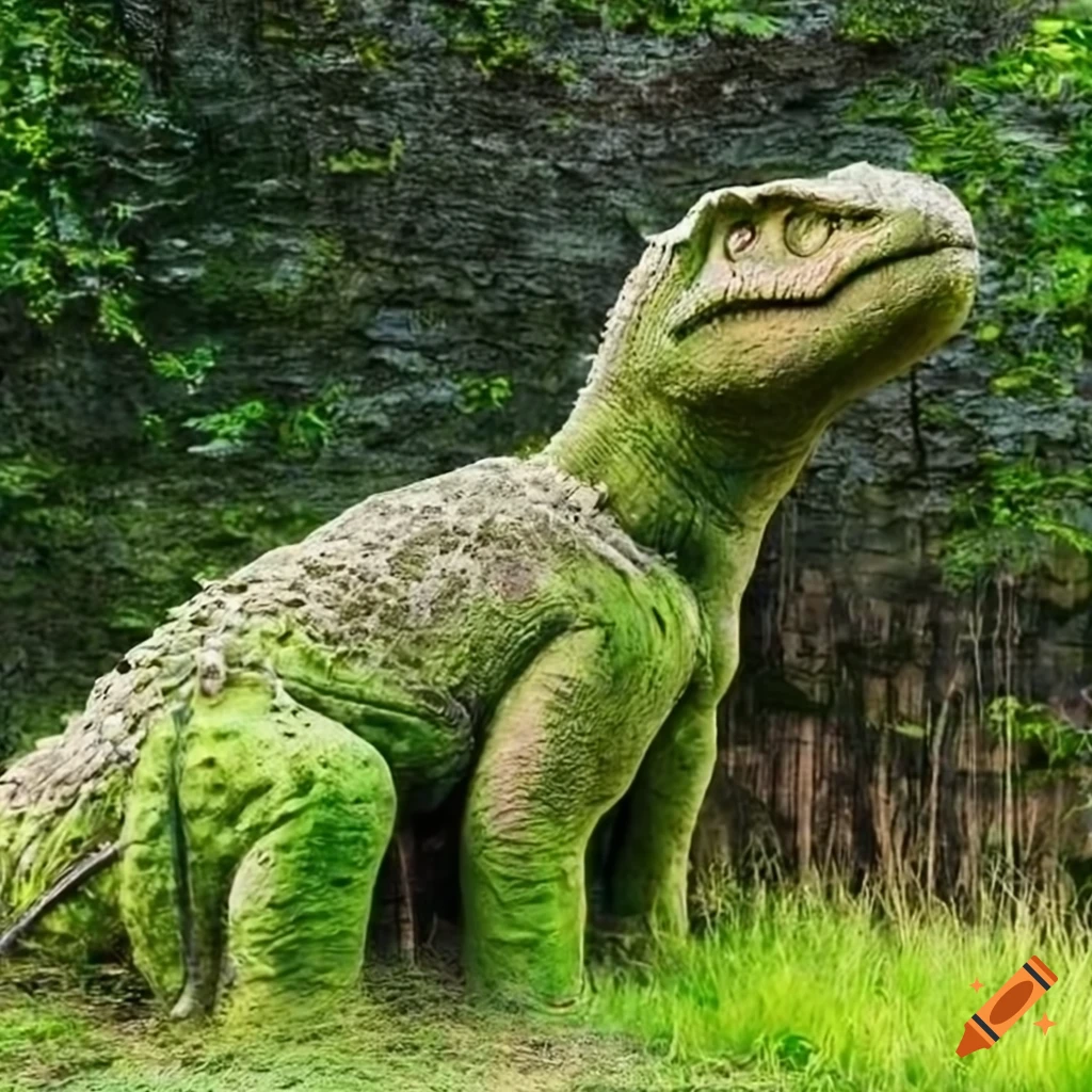 Stone dinosaur statues with moss and grass overgrowth on Craiyon