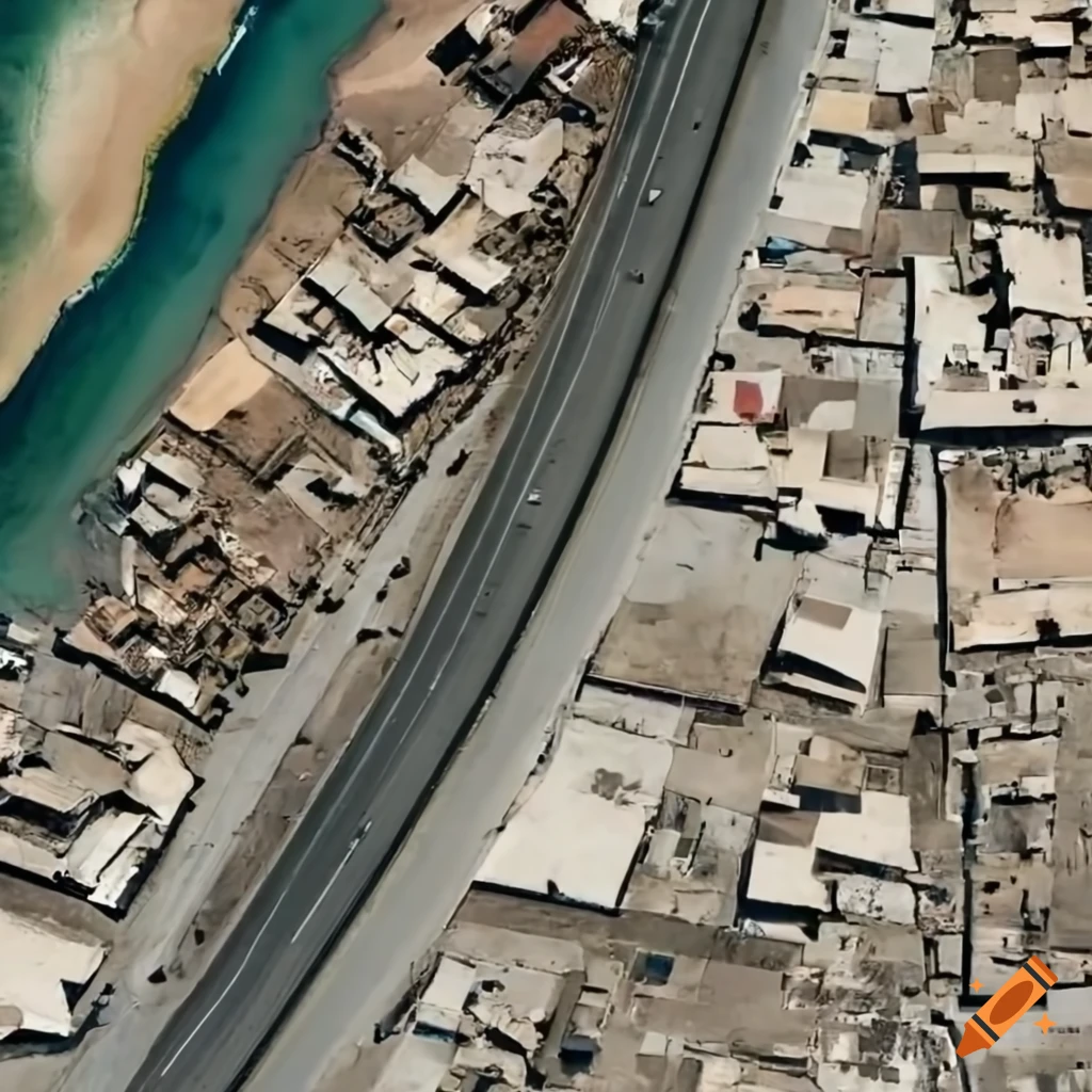 Satellite image of coastal desert town with roads, houses, and shops on Craiyon