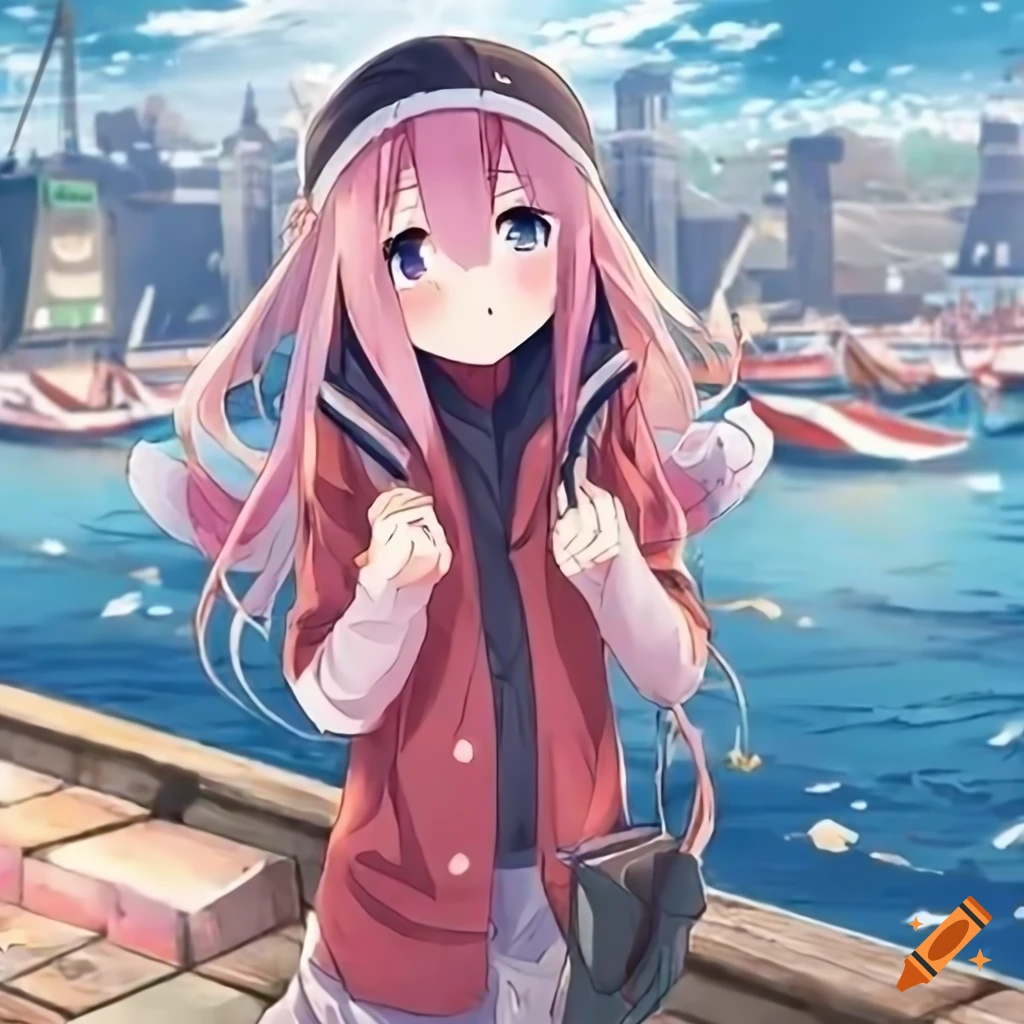 Anime girl nadeshiko kagamihara walking at the water's edge of a harbor ...