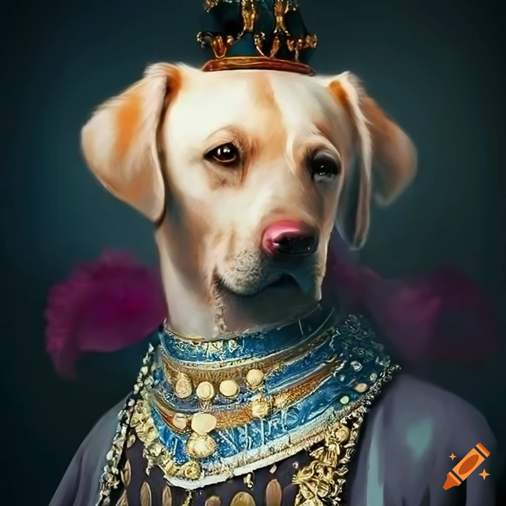 Regal yellow labrador in majestic attire posing for an oil portrait on ...
