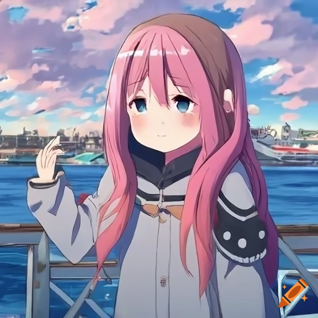 Anime girl nadeshiko kagamihara walking at the water's edge of a harbor ...