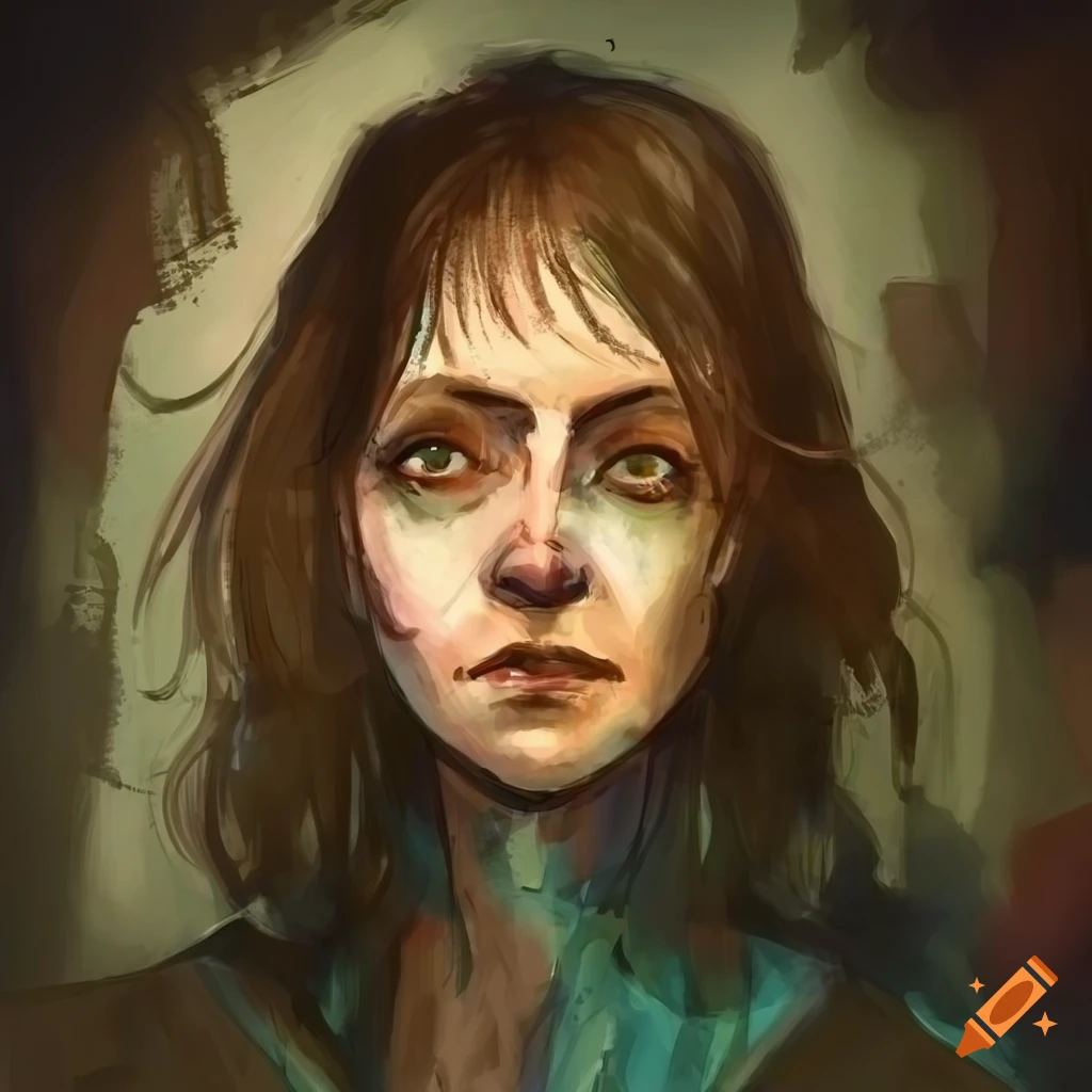 Portrait of a brown haired girl with green eyes in a colorful ink ...