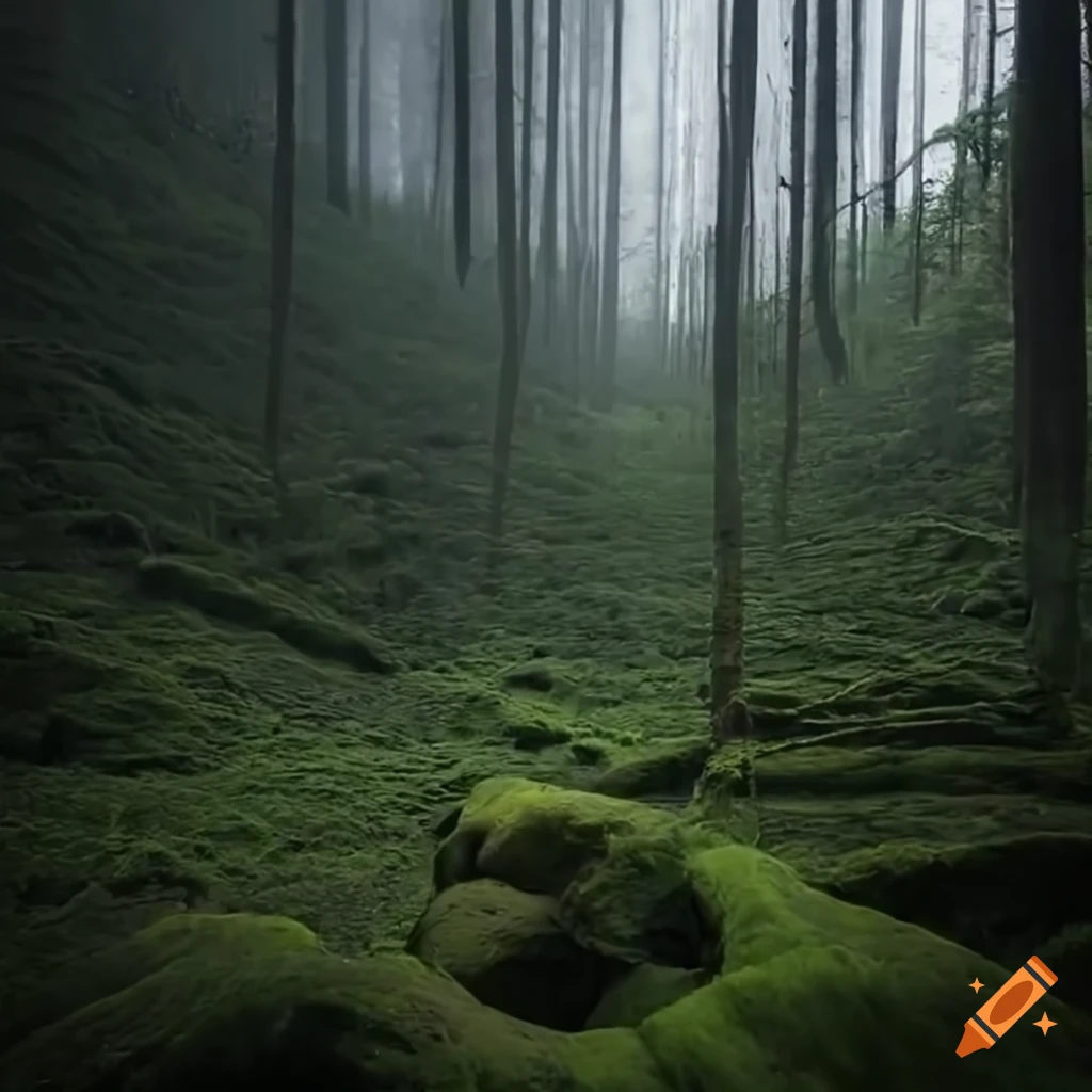 Eerie forest landscape at the foot of a towering mountain on Craiyon