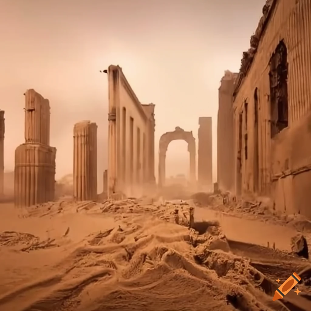 Post-apocalyptic ruins of athens during a sandstorm on Craiyon