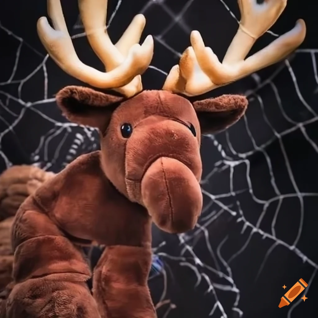 Plushie moose with a large spider-web on Craiyon
