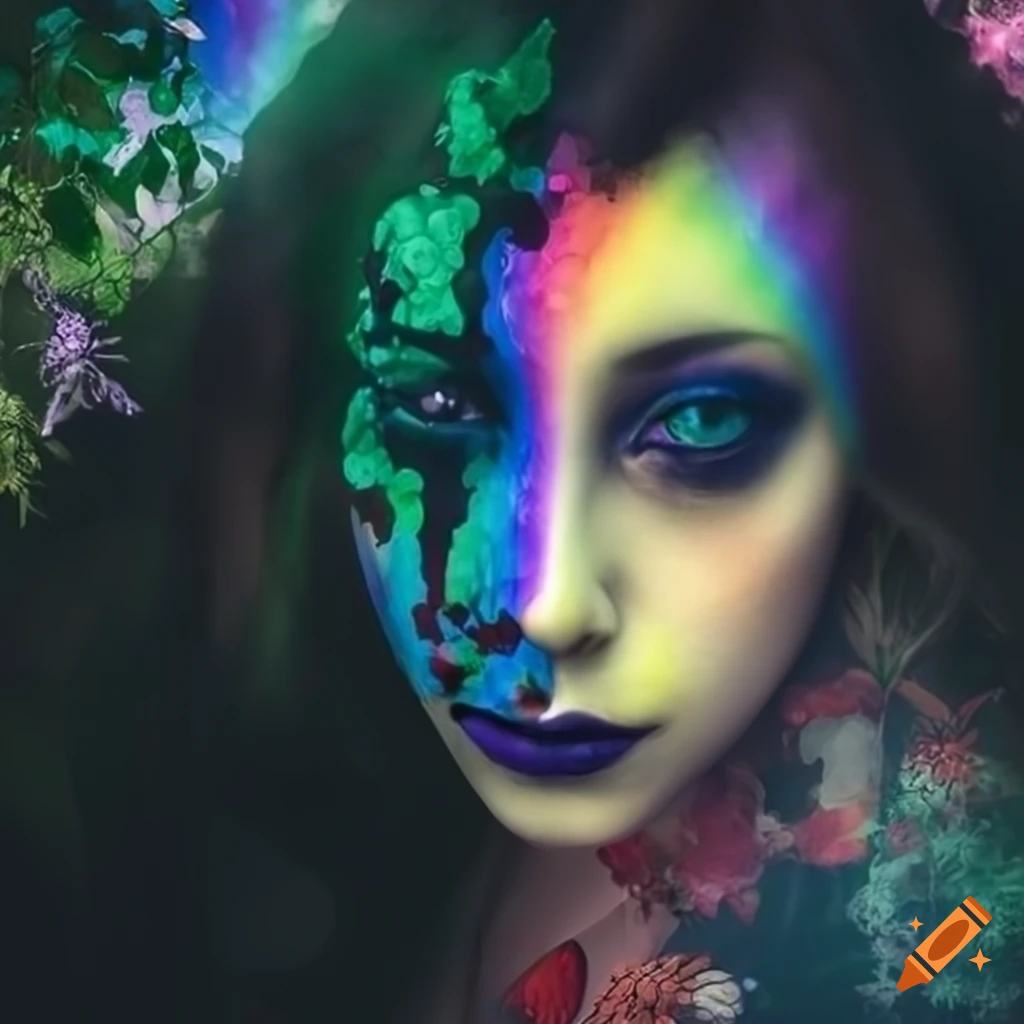 Colorful surreal woman's face in a gothic forest setting on Craiyon