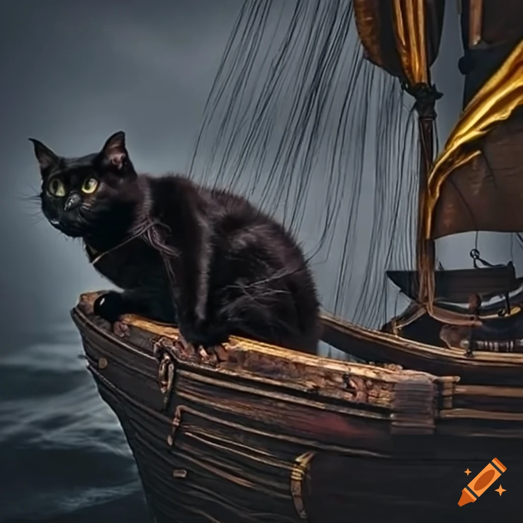 Black cat in pirate outfit sailing on a ship on Craiyon