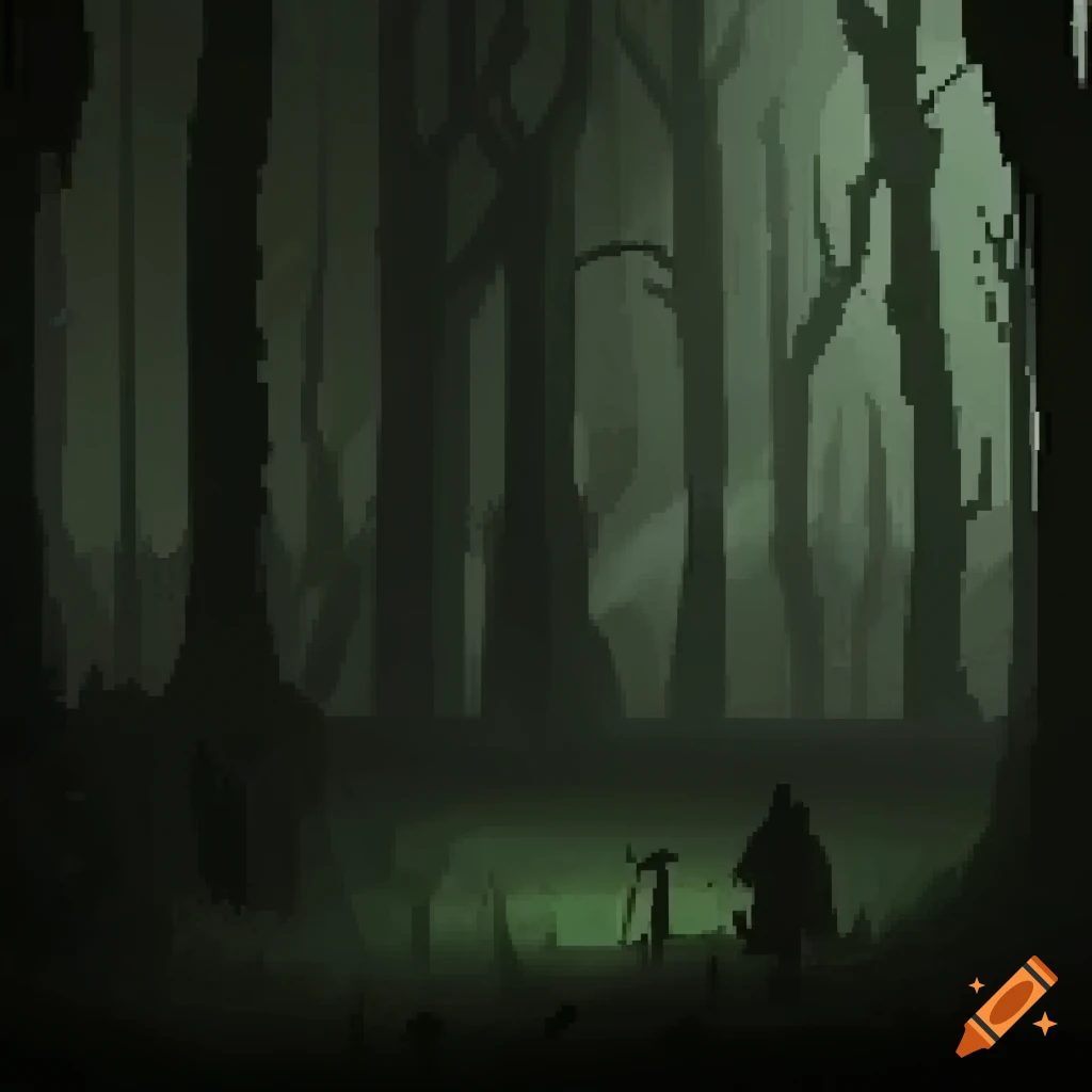 Pixel art of a haunting forest with eyes and a barren path on Craiyon