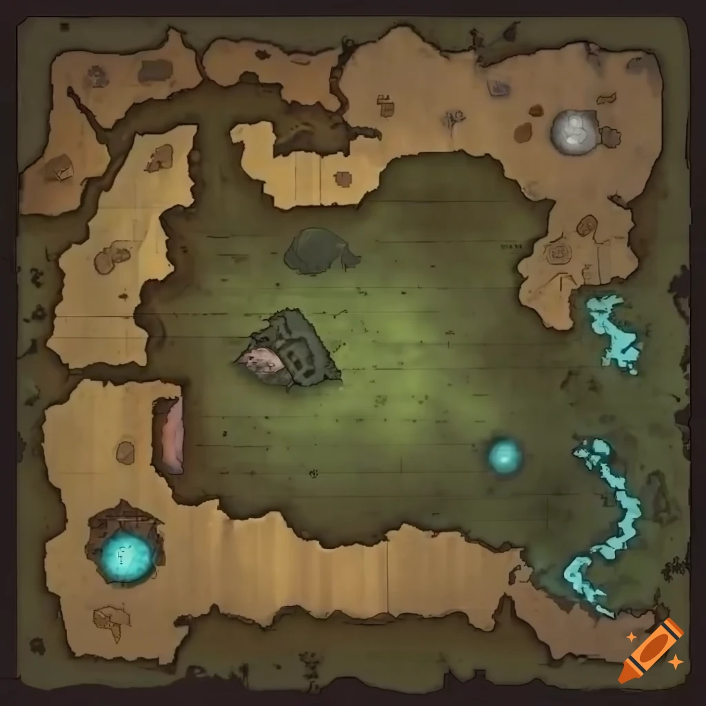 Overhead rpg map showing sci-fi ruins in the wilderness on Craiyon