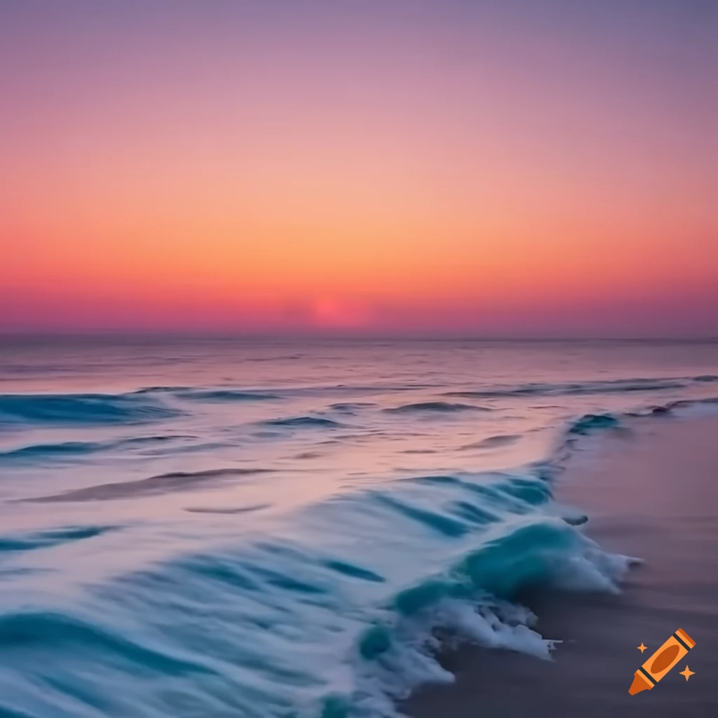 Serene ocean sunset with turquoise waves and a light pink sky on Craiyon
