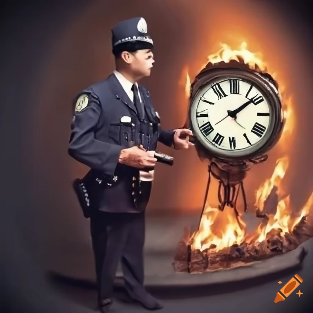 1940s-style male policeman in front of burning clock on Craiyon