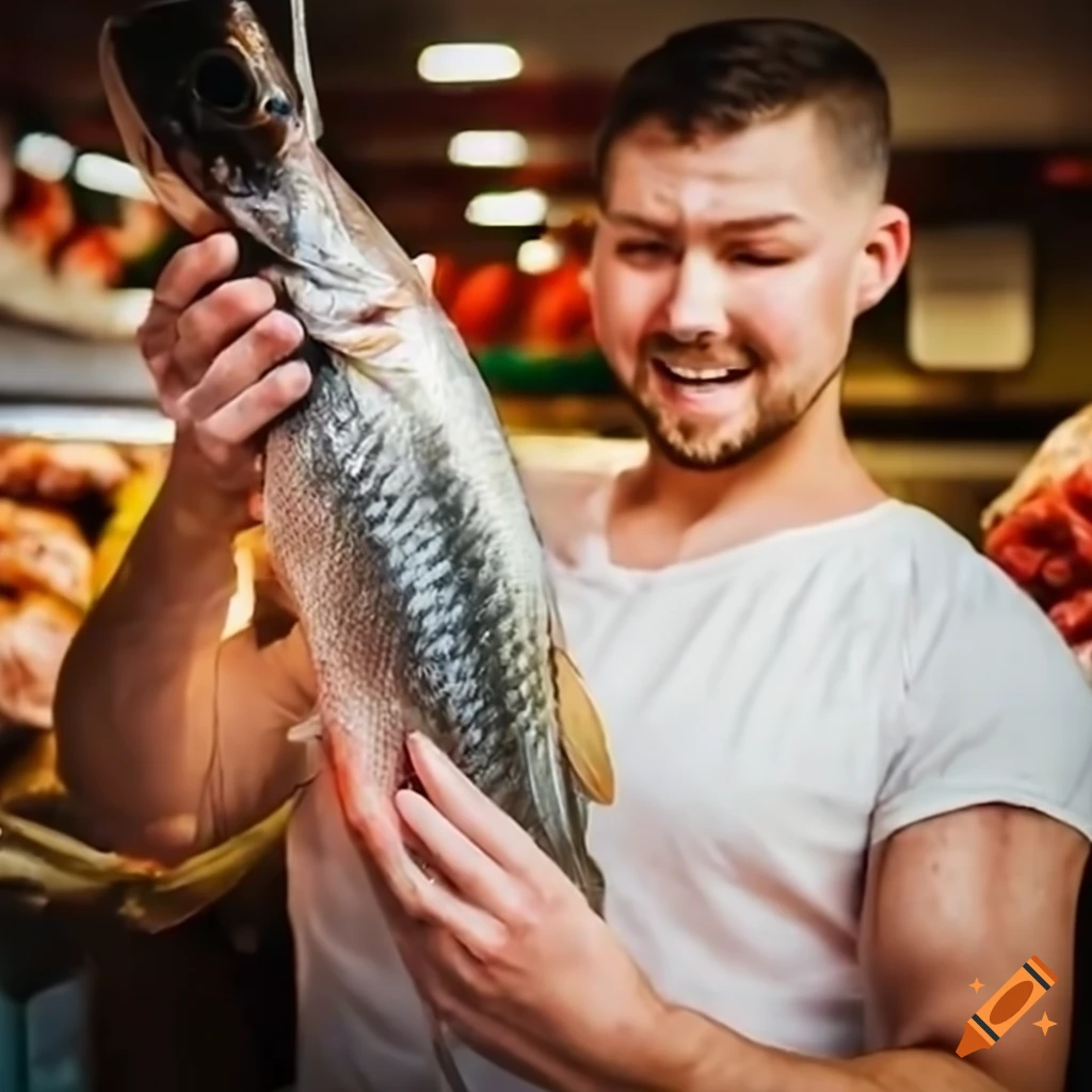 Man holding wrapped fish in supermarket on Craiyon