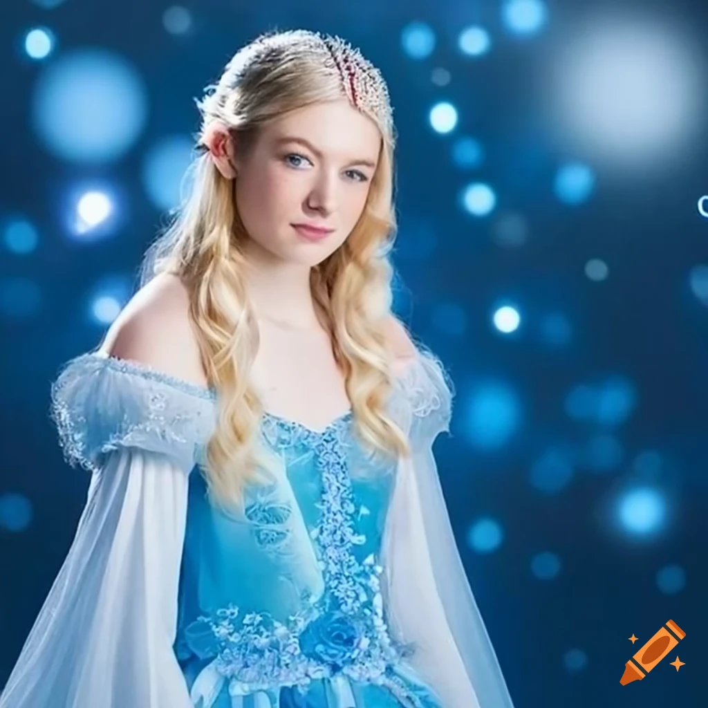 Hunter schafer in a snow queen inspired wintry princess dress on Craiyon