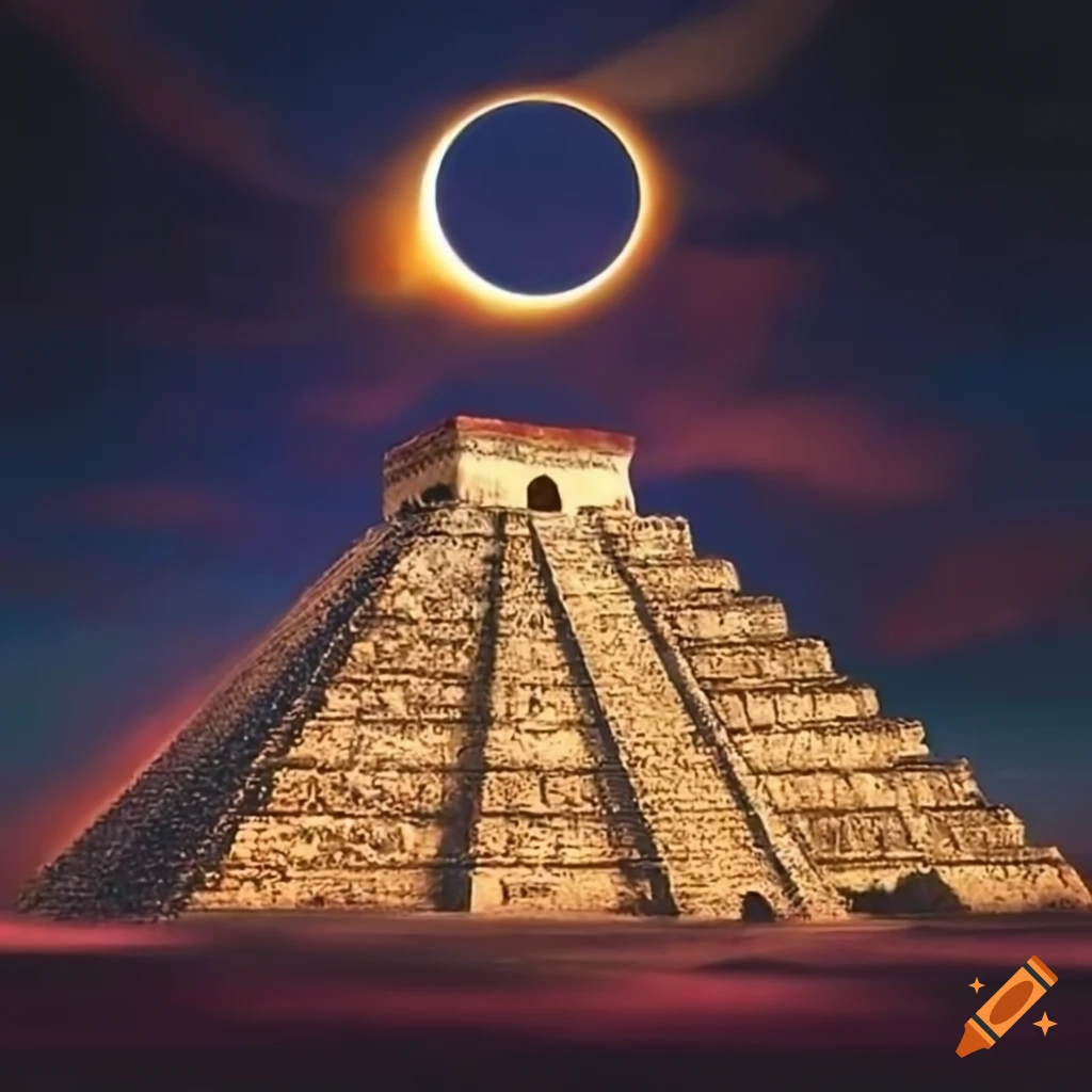 Totality solar eclipse over ancient Mexican pyramid in surreal fantasy ...