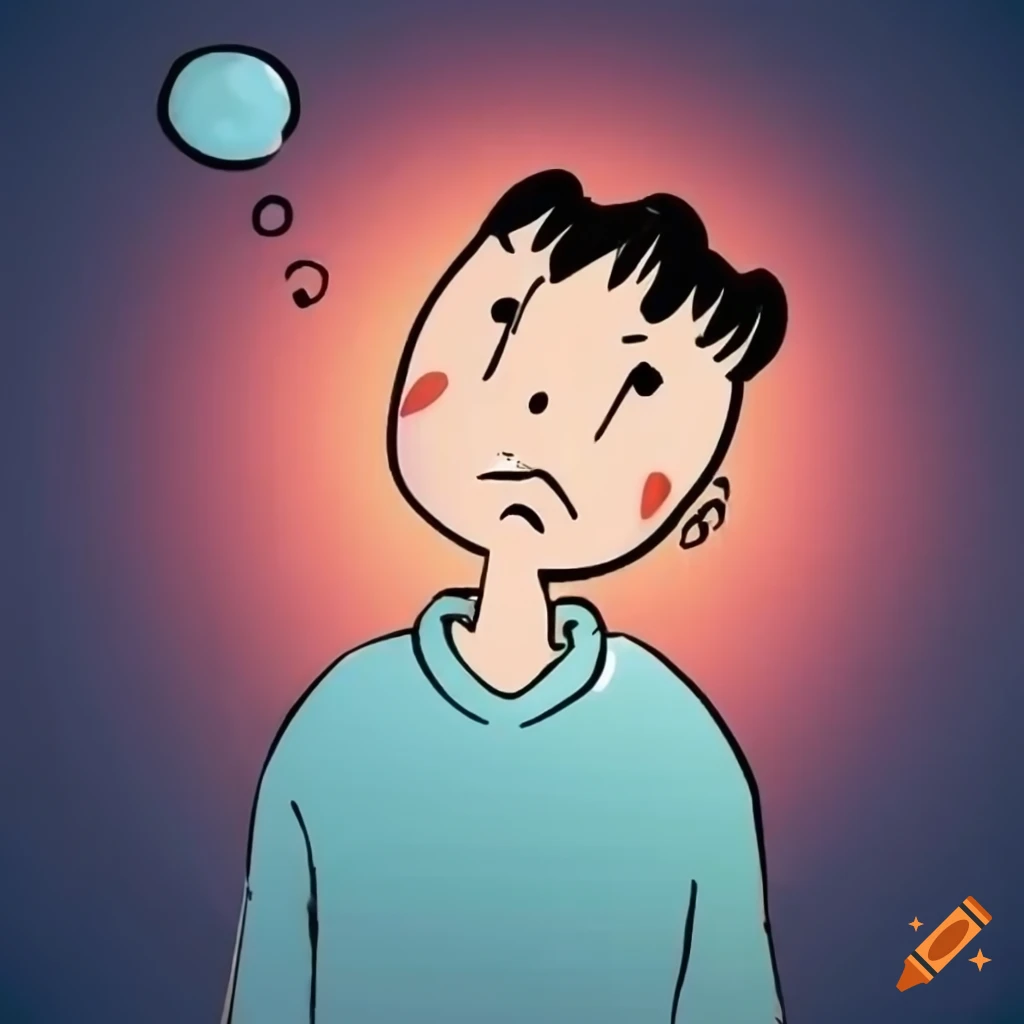 Japanese styled cartoon of a troubled person with a thinking bubble of ...