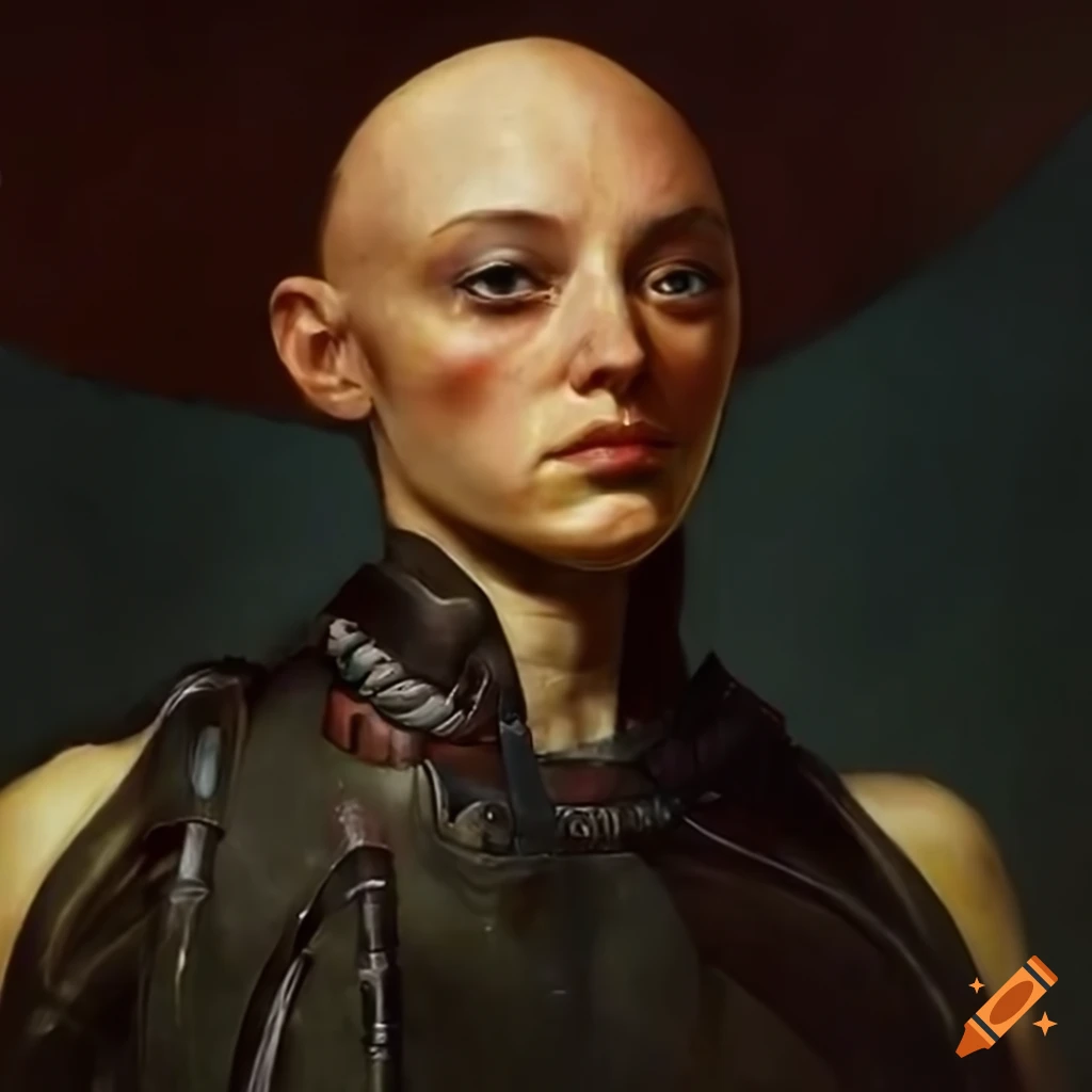Ethereal editorial portrait of a bald Martian cyborg in hyper-realistic ...