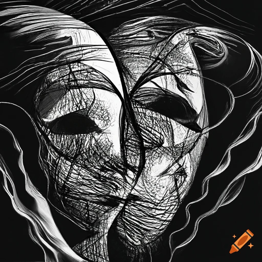 Black and white abstract drawing of two expressive intertwined figures ...