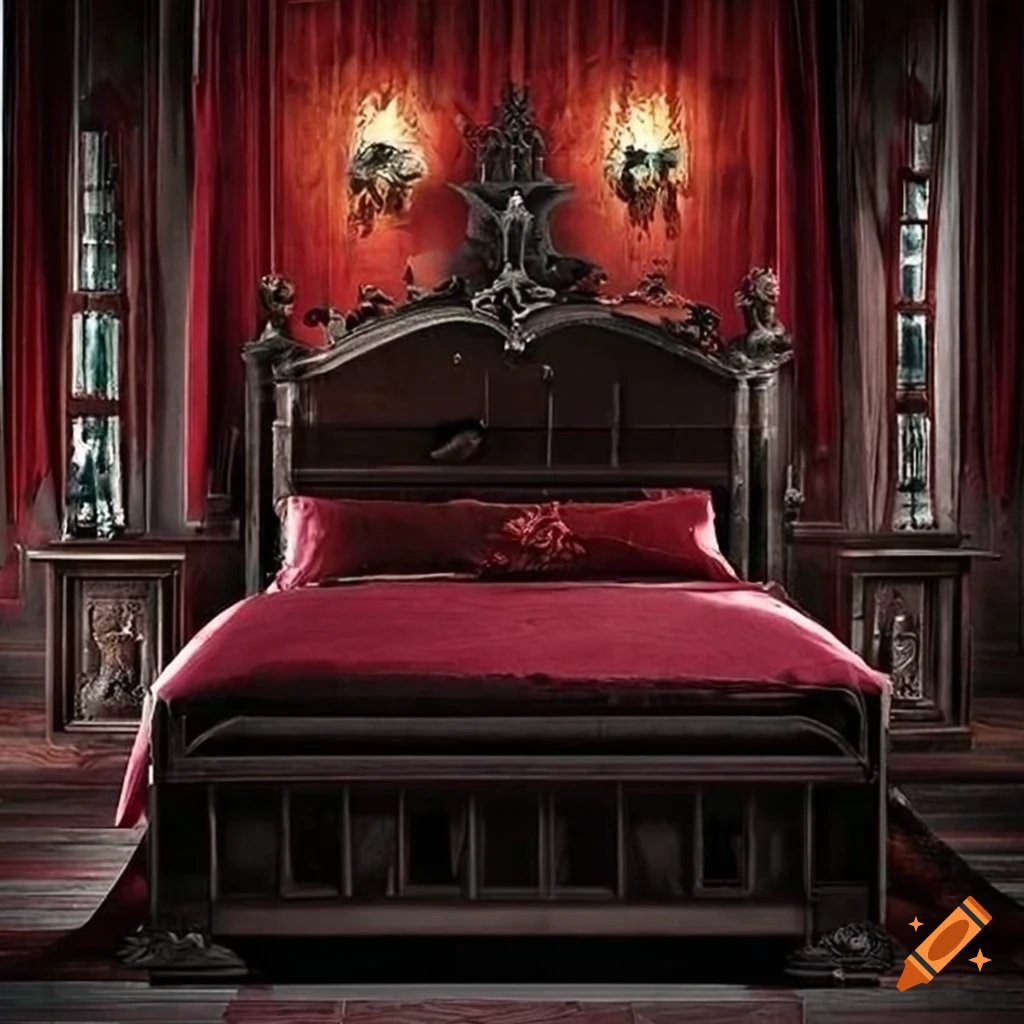 Beautiful large wooden bed in a haunted setting on Craiyon