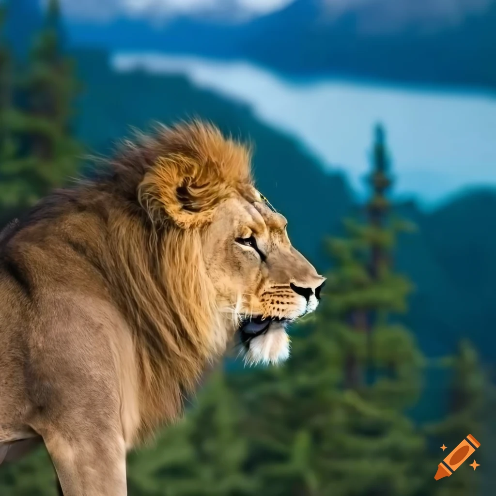 Lion in spruce forest with ocean and mountains in canadian rockies on ...