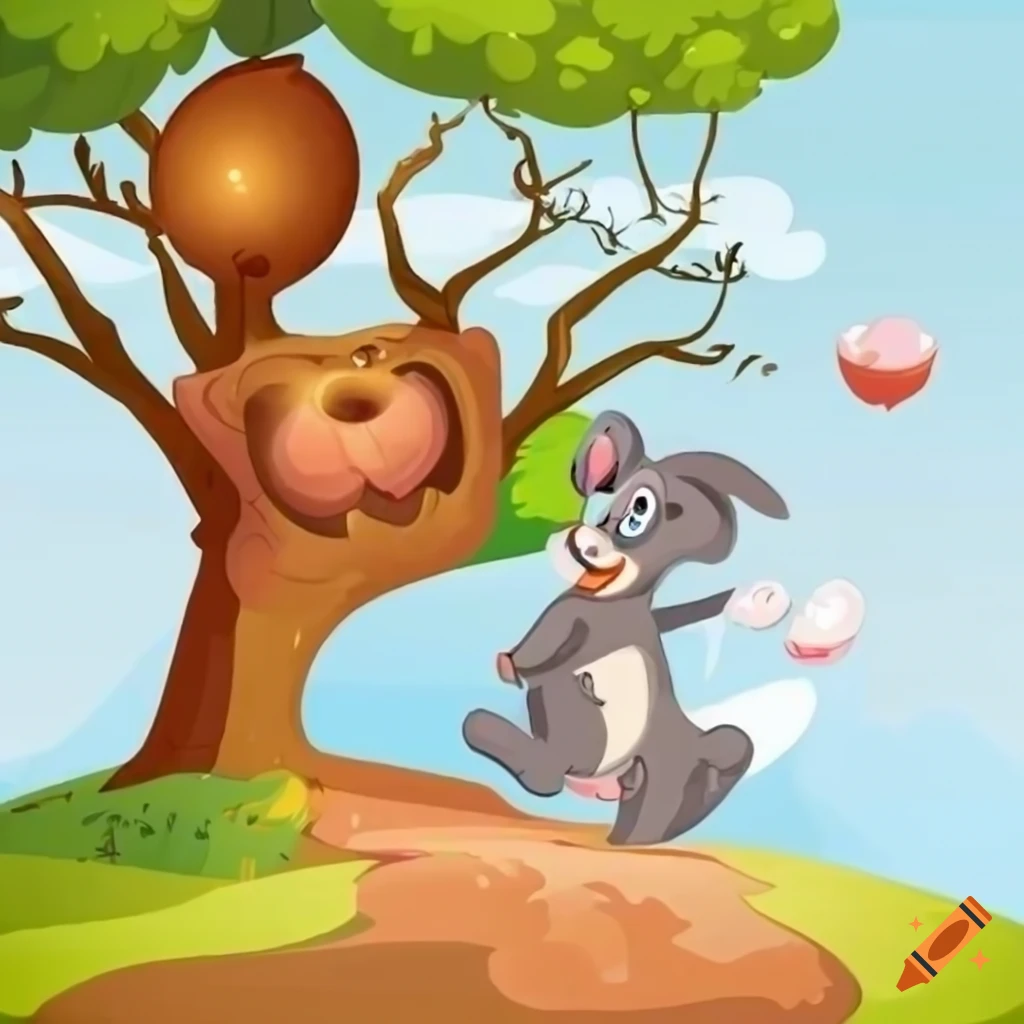 Cartoon rabbit playing with a dog next to a tree on Craiyon