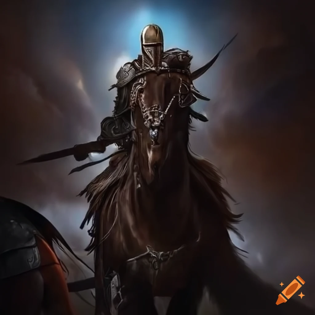 Valiant knight on horseback with sword held high in epic adventure on ...
