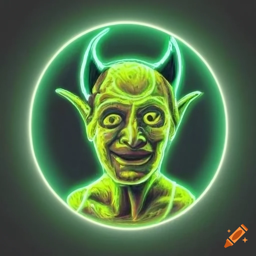 Neon yellow devil in green circle on black background by max ernst on ...