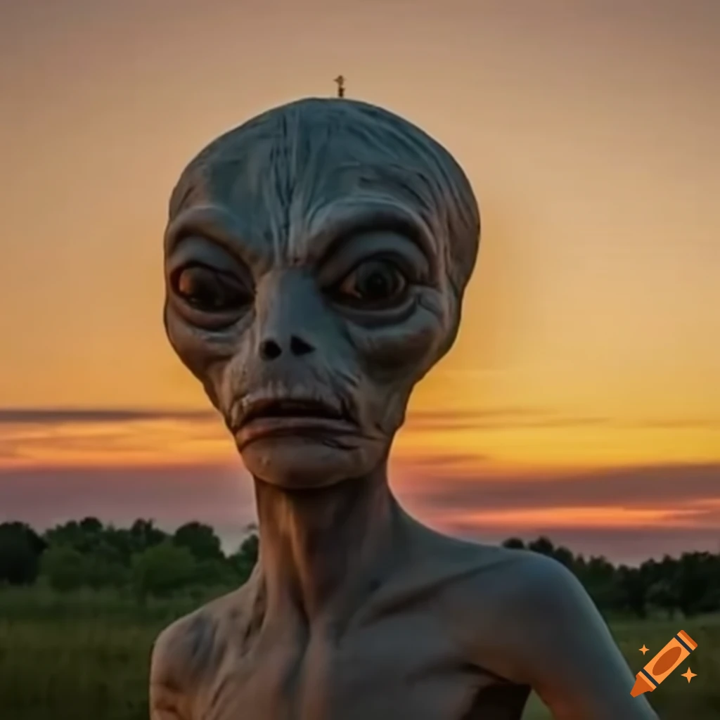 Tall alien creature in a midwestern town at sunset on Craiyon