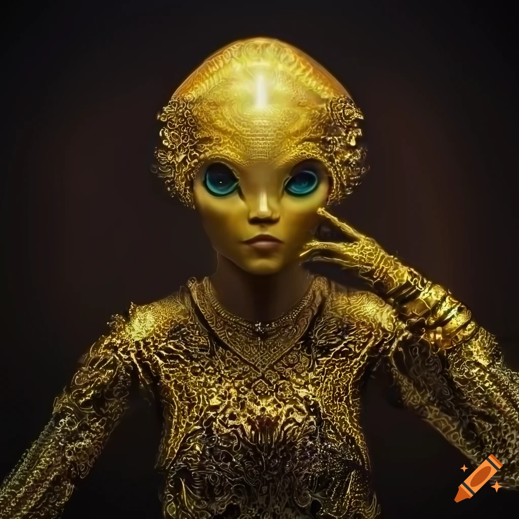 Tall beautiful alien with deep camera lens eyes and gilded golden hair ...