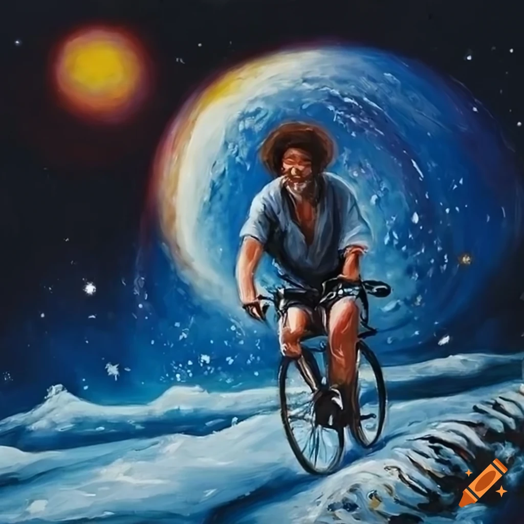Bob ross riding a bicycle in outer space on Craiyon