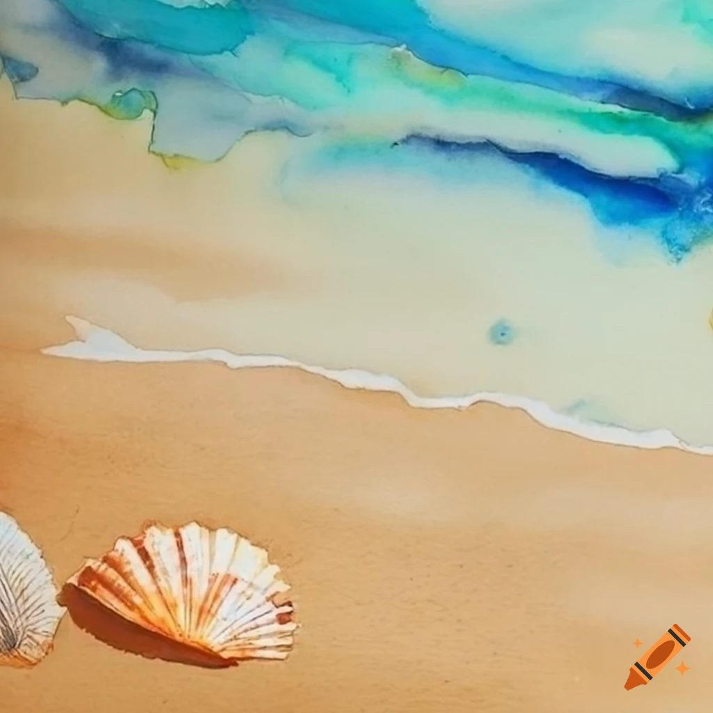 Realistic watercolor painting of a beach with blue water and golden ...