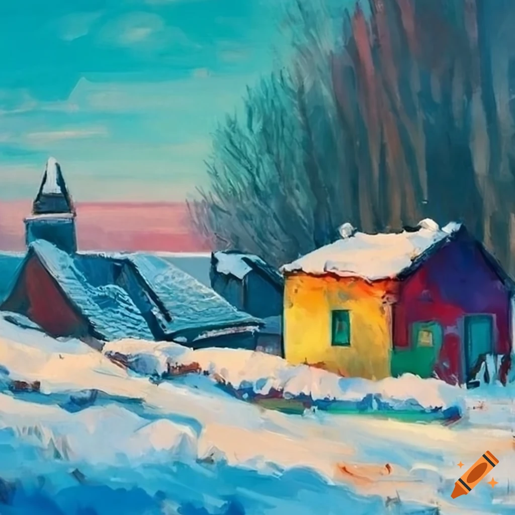 Snow-covered expressionism houses in a small village with a running dog ...