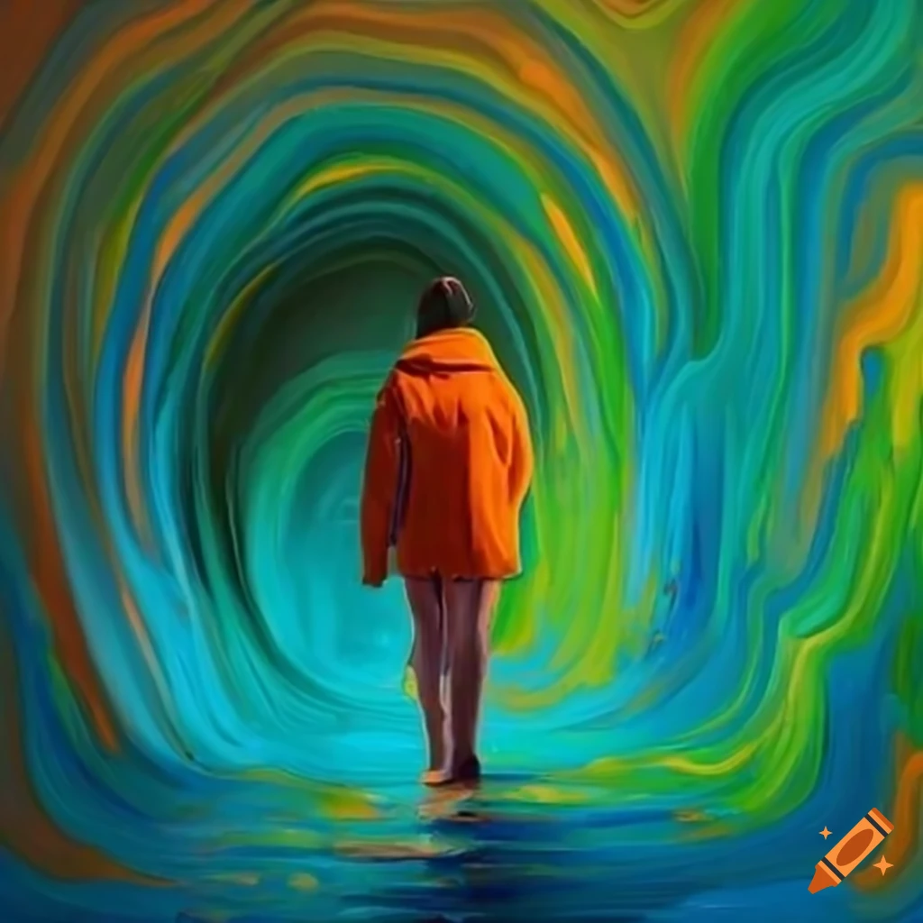 Person walking into colorful void resembling an oil painting on Craiyon