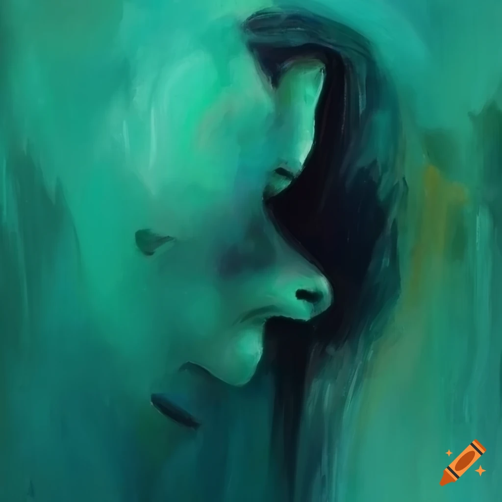 Oil painting depicting a mental disorder with dark mint green tones on ...